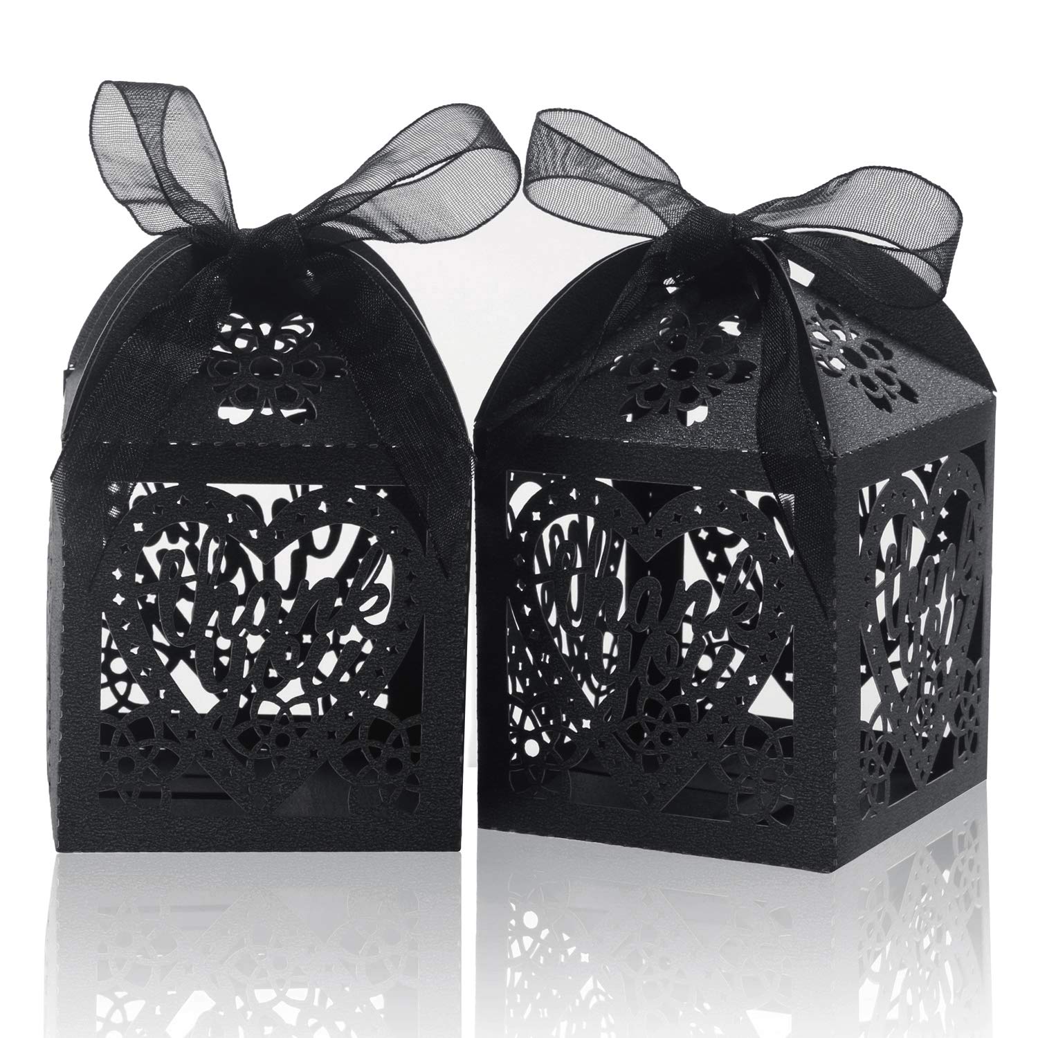 COTOPHER Laser Cut Boxes, 100pcs Thank You Gift Boxes Wedding Party Favor Boxes Lace Candy Boxes for Wedding Baby Shower Birthday Party Decorations with Ribbons (2x2x2.75inch, Black, 100)