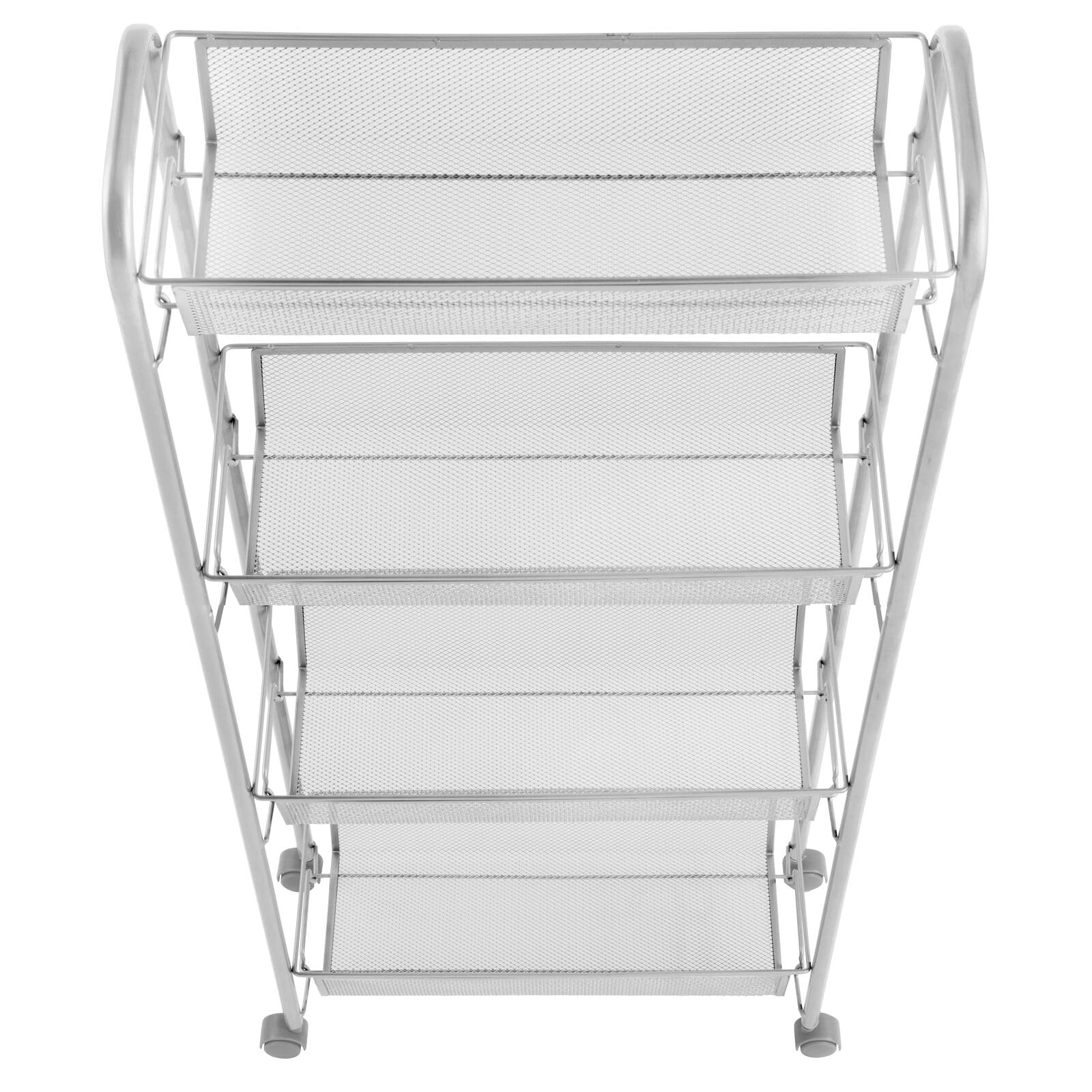 mDesign Slim Steel Metal Rolling Utility Cart Storage Organizer Trolley with 4 Basket Shelves for Laundry Room, Kitchen, Bathroom Organization - Narrow Holder for Detergent - Biro Collection, Silver