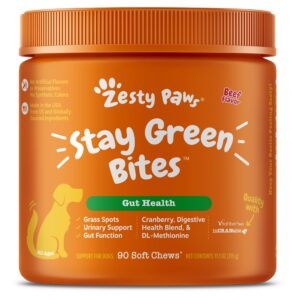 zesty paws stay green bites for dogs - grass burn soft chews for lawn spots caused by dog urine - with cranberry for urinary tract & bladder - beef - 90 count