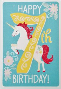 greeting card happy 7th birthday with magical unicorn floral design - seven years old