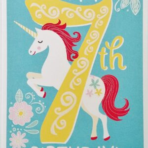 Greeting Card Happy 7th Birthday with Magical Unicorn Floral Design - Seven Years Old