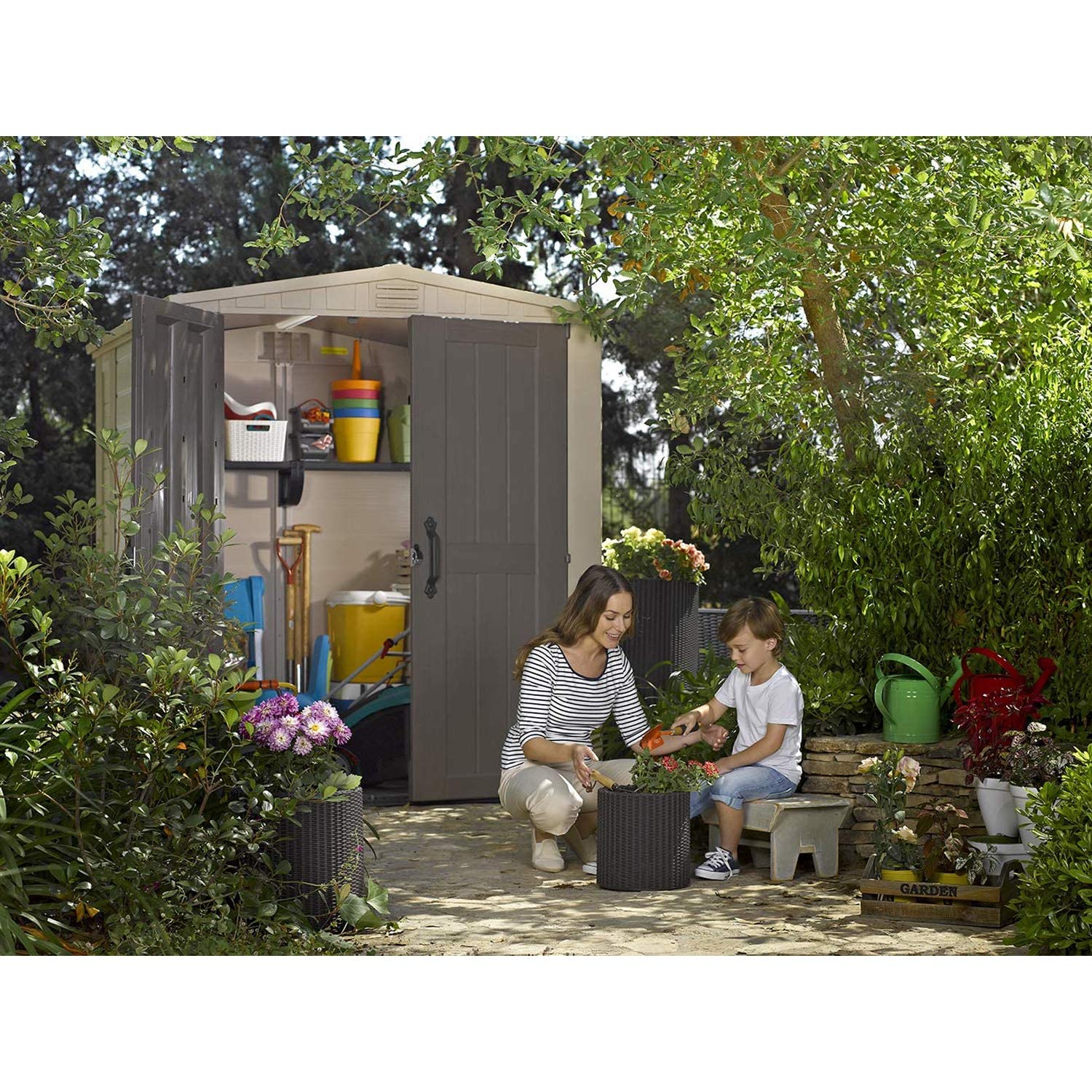 Keter 213562 Factor 6 x 6 All Weather Resistant Resin Outdoor Storage Shed 2 Shelves Included and Built-In Ventilation, Beige and Brown