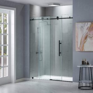 WOODBRIDGE Frameless Sliding Shower, 56"-60" Width, 76" Height, 3/8" (10 mm) Clear Tempered Glass, Black Finish, Designed for Smooth Door Closing. MBSDC6076-MBL, 60"x 76" Matte Black