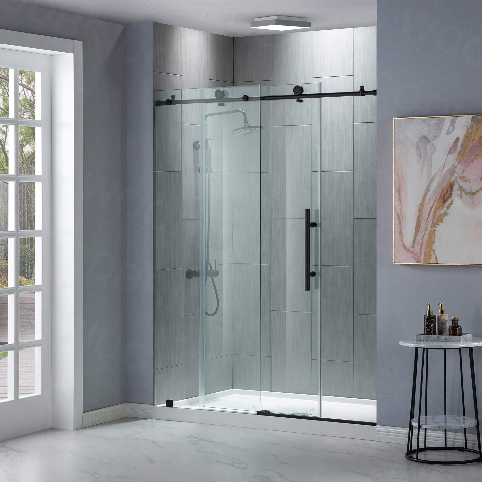 WOODBRIDGE Frameless Sliding Shower, 56"-60" Width, 76" Height, 3/8" (10 mm) Clear Tempered Glass, Black Finish, Designed for Smooth Door Closing. MBSDC6076-MBL, 60"x 76" Matte Black