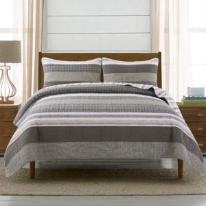 soul & lane madrona 2-piece pieced cotton quilt set - twin size with 1 sham, modern masculine quilted bedspread in brown and gray, contemporary striped bedding for boy's bedroom