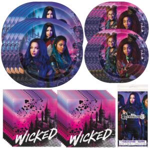 unique disney descendants 3 party bundle, dinner & dessert plates, luncheon napkins, table cover, great for fantasy themed celebrations, birthday bash, halloween parties