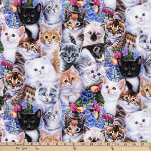 kittens & flowers cotton fabric by the yard