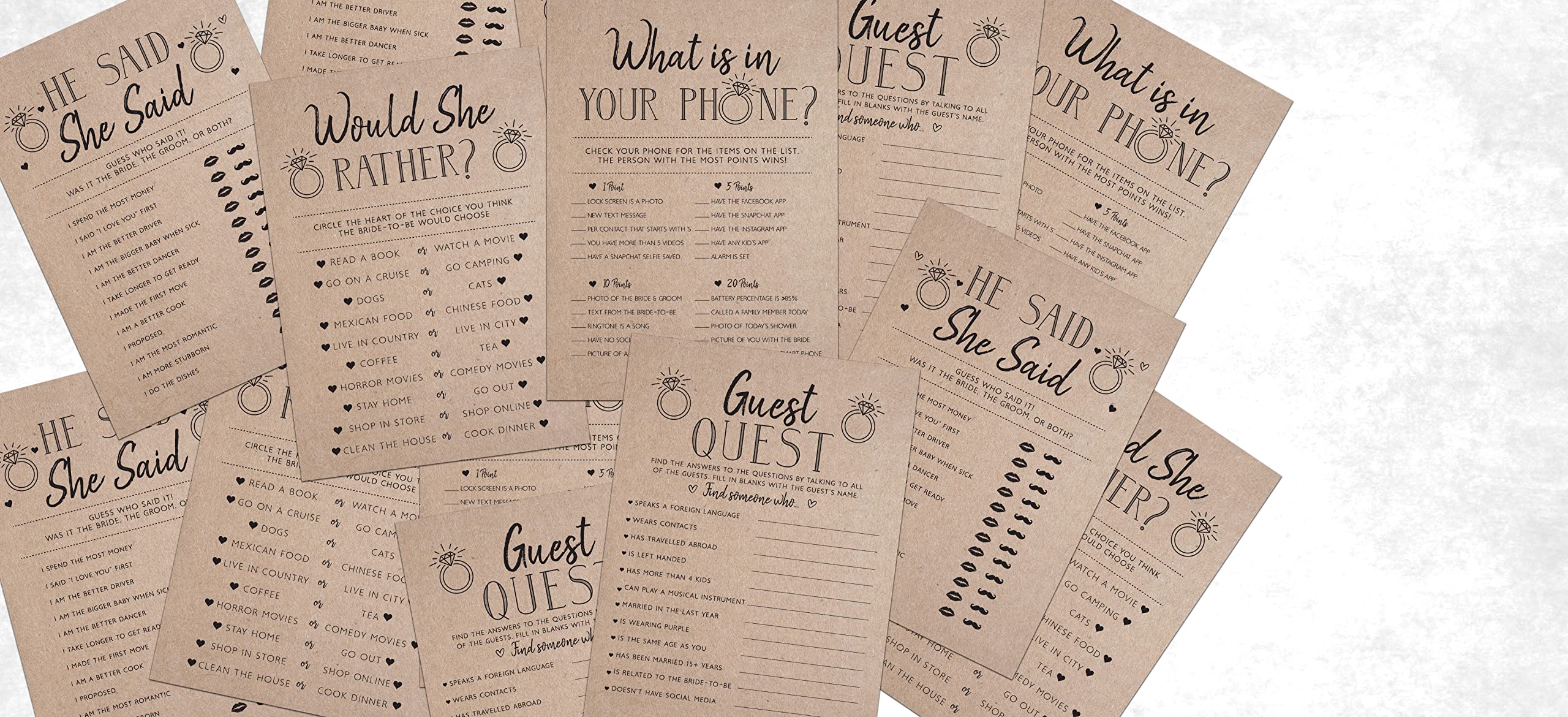 Your Main Event Prints Bridal Shower Games, Fun Activities, Kraft Minimalist Style - Guest Quest, He Said She Said, What's in Your Phone and Would She Rather