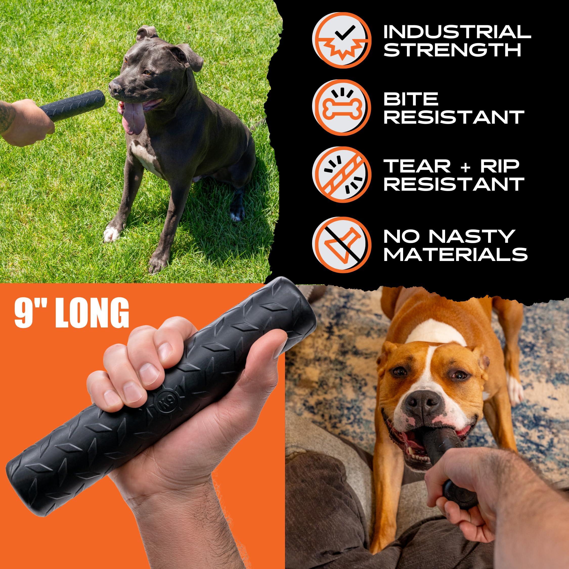 Monster K9 Indestructible Chew Stick - Lifetime Replacement - Medium & Large Breeds - Ultra Durable for Aggressive Chewers - Chew, Tug, & Fetch Dog Toy - Made in USA - 9in. x 1.75in.