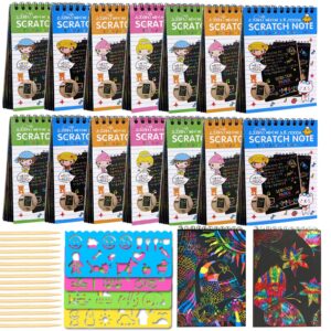 pokonboy 16 pack scratch arts and crafts notebooks, scratch note pads for kids rainbow party favors coloring books for kids art party supplies stocking stuffers（16 wooden stylus & 4 drawing stencils）