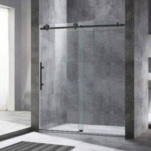 woodbridge frameless sliding shower, 56"-60" width, 76" height, 3/8" (10 mm) clear tempered glass, black finish, designed for smooth door closing. mbsdc6076-mbl, 60"x 76" matte black