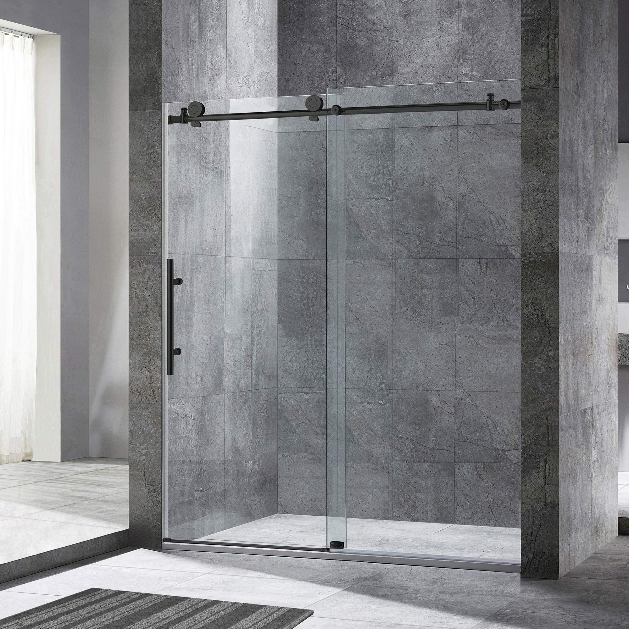 WOODBRIDGE Frameless Sliding Shower, 56"-60" Width, 76" Height, 3/8" (10 mm) Clear Tempered Glass, Black Finish, Designed for Smooth Door Closing. MBSDC6076-MBL, 60"x 76" Matte Black