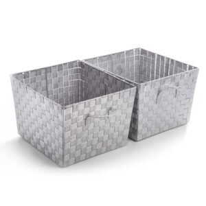 bino woven strap storage basket with built-in carry handles | stylish storage organizer | decorative home storage | neat and tidy organizer, home essentials (large- light grey, 2-pack)