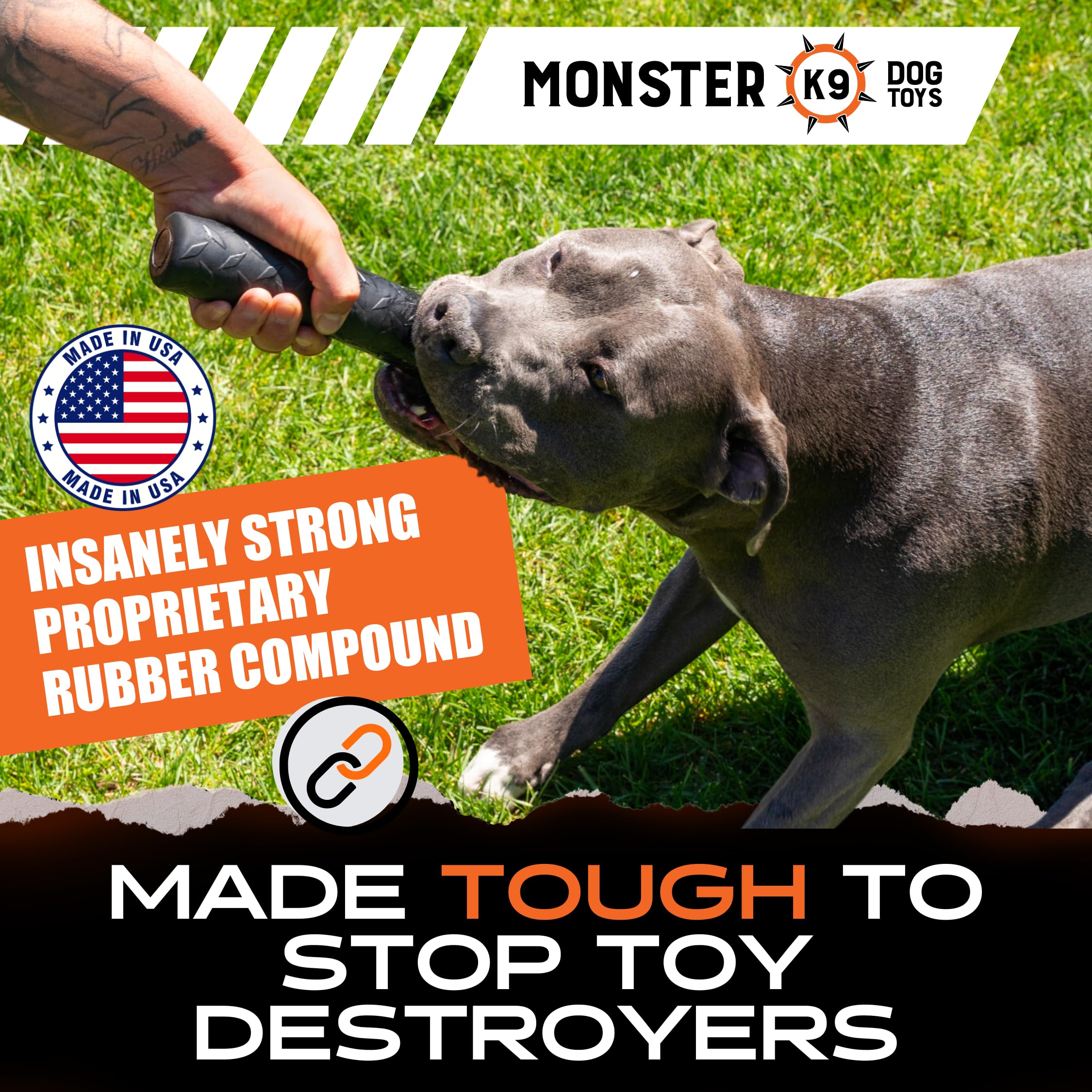 Monster K9 Indestructible Chew Stick - Lifetime Replacement - Medium & Large Breeds - Ultra Durable for Aggressive Chewers - Chew, Tug, & Fetch Dog Toy - Made in USA - 9in. x 1.75in.