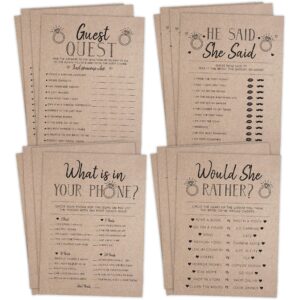 your main event prints bridal shower games, fun activities, kraft minimalist style - guest quest, he said she said, what's in your phone and would she rather