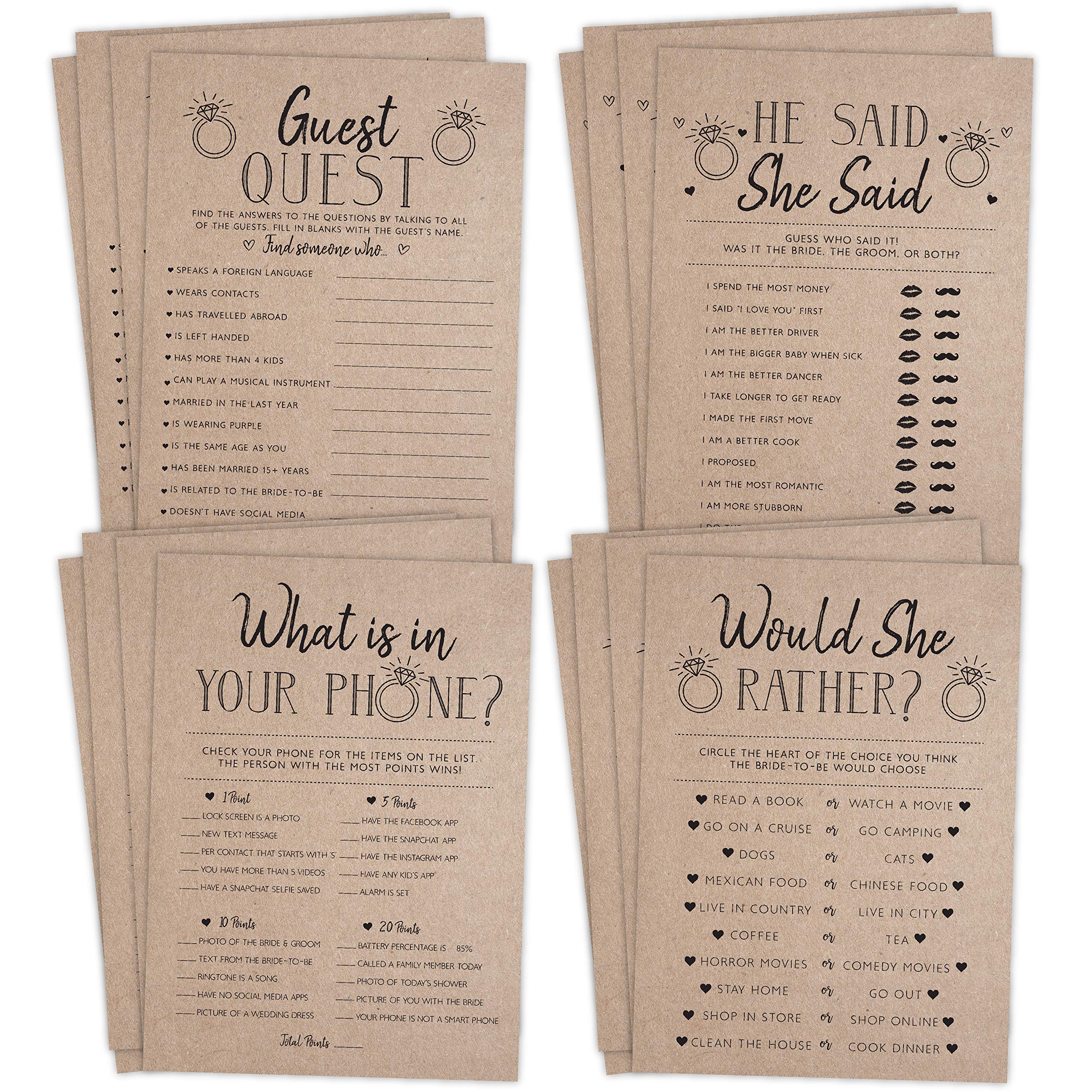 Your Main Event Prints Bridal Shower Games, Fun Activities, Kraft Minimalist Style - Guest Quest, He Said She Said, What's in Your Phone and Would She Rather