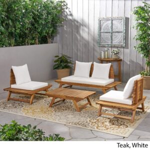 Great Deal Furniture Outdoor Acacia Wood 4 Seater Chat Set, Teak and White