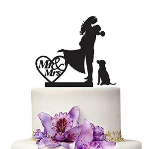 yami cocu mr and mrs wedding cake toppers bride and groom with dog black color acrylic silhouette wedding party engagement decoration