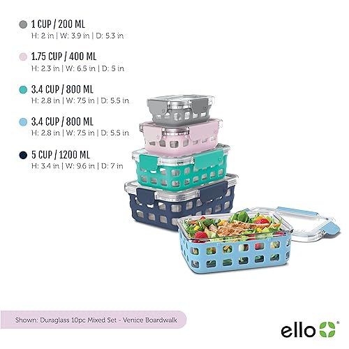 Ello Duraglass Mixed Meal Prep Sets Leak-Proof Glass Food Storage Containers with Silicone Sleeves and Airtight BPA-Free Lids, Dishwasher, Microwave, and Freezer Safe