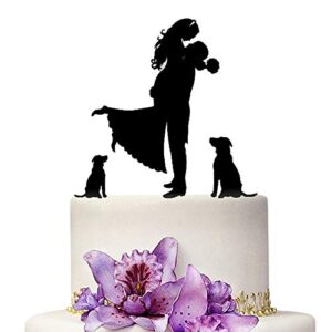 yami cocu wedding cake toppers bride and groom with two pet dogs animal black color acrylic silhouette wedding party engagement decoration