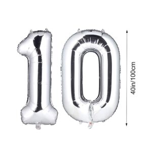 Huture 40 Inches Jumbo Digital Number Balloon Huge Giant Balloon Foil Mylar Balloons for Birthday Party Wedding Bridal Shower Engagement Photo Shoot Anniversary, Number 10 Silver Balloon