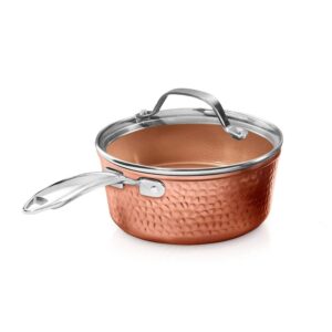 gotham steel nonstick hammered copper collection – 2.5 quart sauce pan with lid, premium cookware, aluminum composition with induction plate for even heating, dishwasher & oven safe