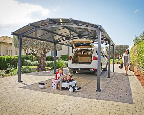 Palram - Canopia Arcadia 12 x 21 x 6.5 Carport, Heavy Duty Metal Car Port, Weather-Protected Aluminum Frame, Polycarbonate RV & Car Storage, UV Protected, DIY Truck Garage Kit, 10-Year Warranty, Gray