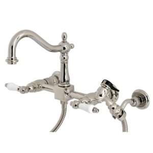 kingston brass ks1266plbs heritage wall mount bridge kitchen faucet with brass sprayer, polished nickel