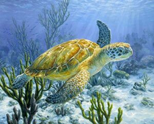 swimming sea turtle digital cotton print fabric panel