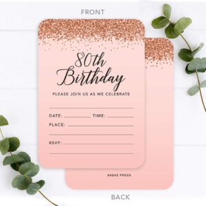 Andaz Press Blush Pink and Rose Gold Glitter Elegant Party Collection, 5x7-inch Invitations with Envelopes, 80th Birthday, 24-Pack, Double Sided Printing, Heavy Card Stock, Includes Envelopes