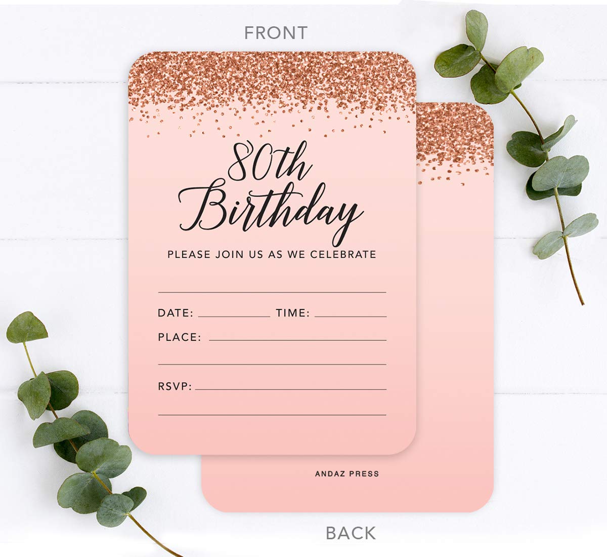 Andaz Press Blush Pink and Rose Gold Glitter Elegant Party Collection, 5x7-inch Invitations with Envelopes, 80th Birthday, 24-Pack, Double Sided Printing, Heavy Card Stock, Includes Envelopes