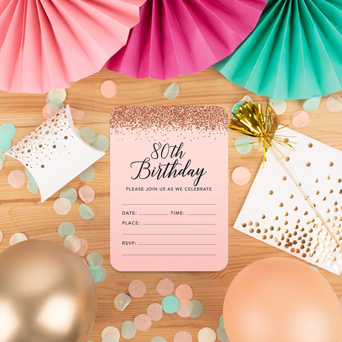 Andaz Press Blush Pink and Rose Gold Glitter Elegant Party Collection, 5x7-inch Invitations with Envelopes, 80th Birthday, 24-Pack, Double Sided Printing, Heavy Card Stock, Includes Envelopes