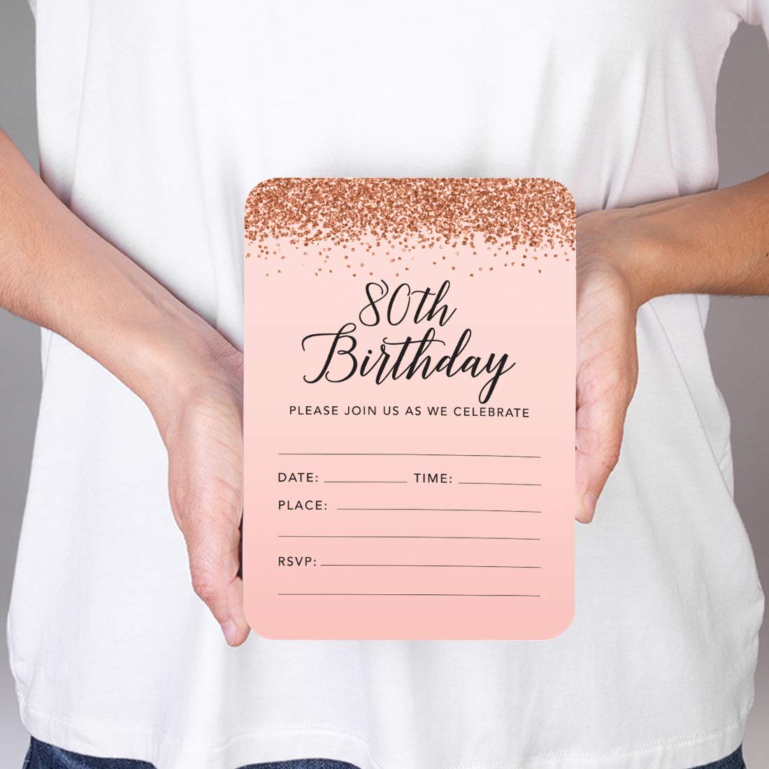 Andaz Press Blush Pink and Rose Gold Glitter Elegant Party Collection, 5x7-inch Invitations with Envelopes, 80th Birthday, 24-Pack, Double Sided Printing, Heavy Card Stock, Includes Envelopes