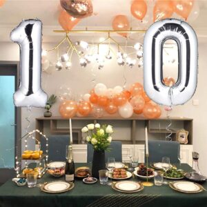 Huture 40 Inches Jumbo Digital Number Balloon Huge Giant Balloon Foil Mylar Balloons for Birthday Party Wedding Bridal Shower Engagement Photo Shoot Anniversary, Number 10 Silver Balloon