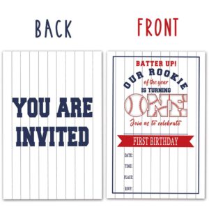 ukebobo 1st Birthday Party Invitations with Envelopes – First Birthday Batter Up Baseball Invitation, Baseball Party Invitations– 30 Cards With Envelopes