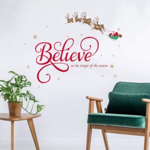 ufengke "Believe Quote Wall Stickers Santa Claus Reindeer Snowfalkes Window Clings Decal for Showcase Home Decor Merry Christmas Decoration