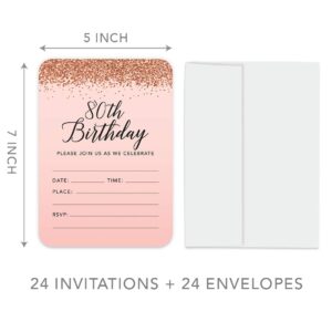 Andaz Press Blush Pink and Rose Gold Glitter Elegant Party Collection, 5x7-inch Invitations with Envelopes, 80th Birthday, 24-Pack, Double Sided Printing, Heavy Card Stock, Includes Envelopes