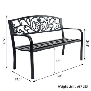 500 Lb Heavy Duty & Durable 2-3 People Comfortable Seat Patio Garden Bench Park Yard Outdoor Furniture Solid Anti-Rust Steel Frame Porch Chair Seat for Garden, Park, Deck, Porch, Backyard or Pools