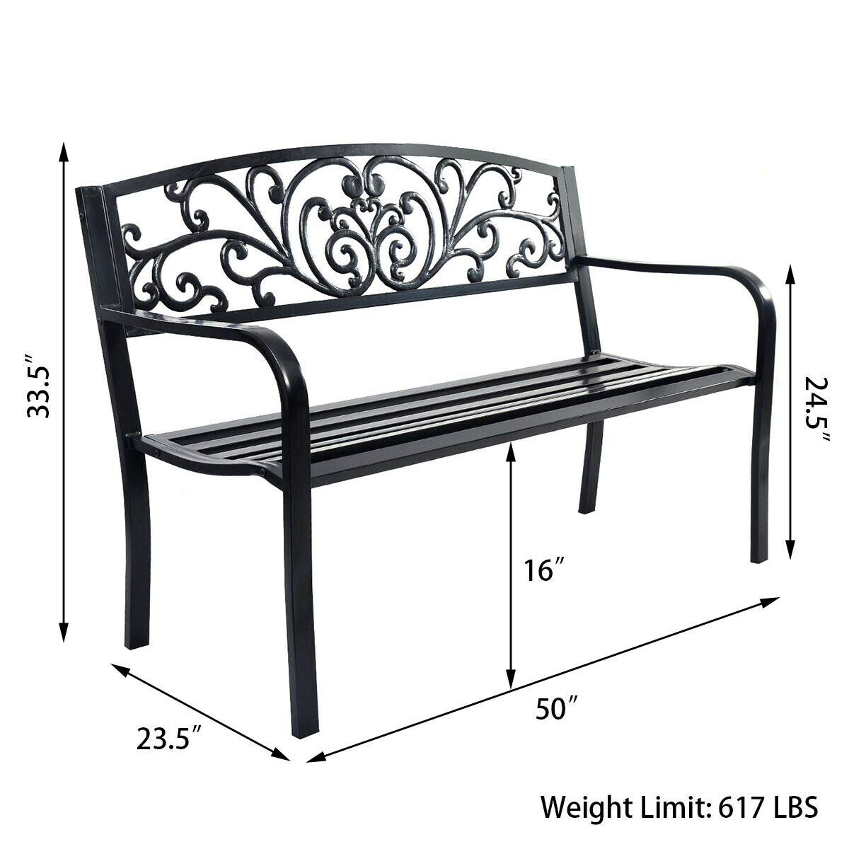 500 Lb Heavy Duty & Durable 2-3 People Comfortable Seat Patio Garden Bench Park Yard Outdoor Furniture Solid Anti-Rust Steel Frame Porch Chair Seat for Garden, Park, Deck, Porch, Backyard or Pools