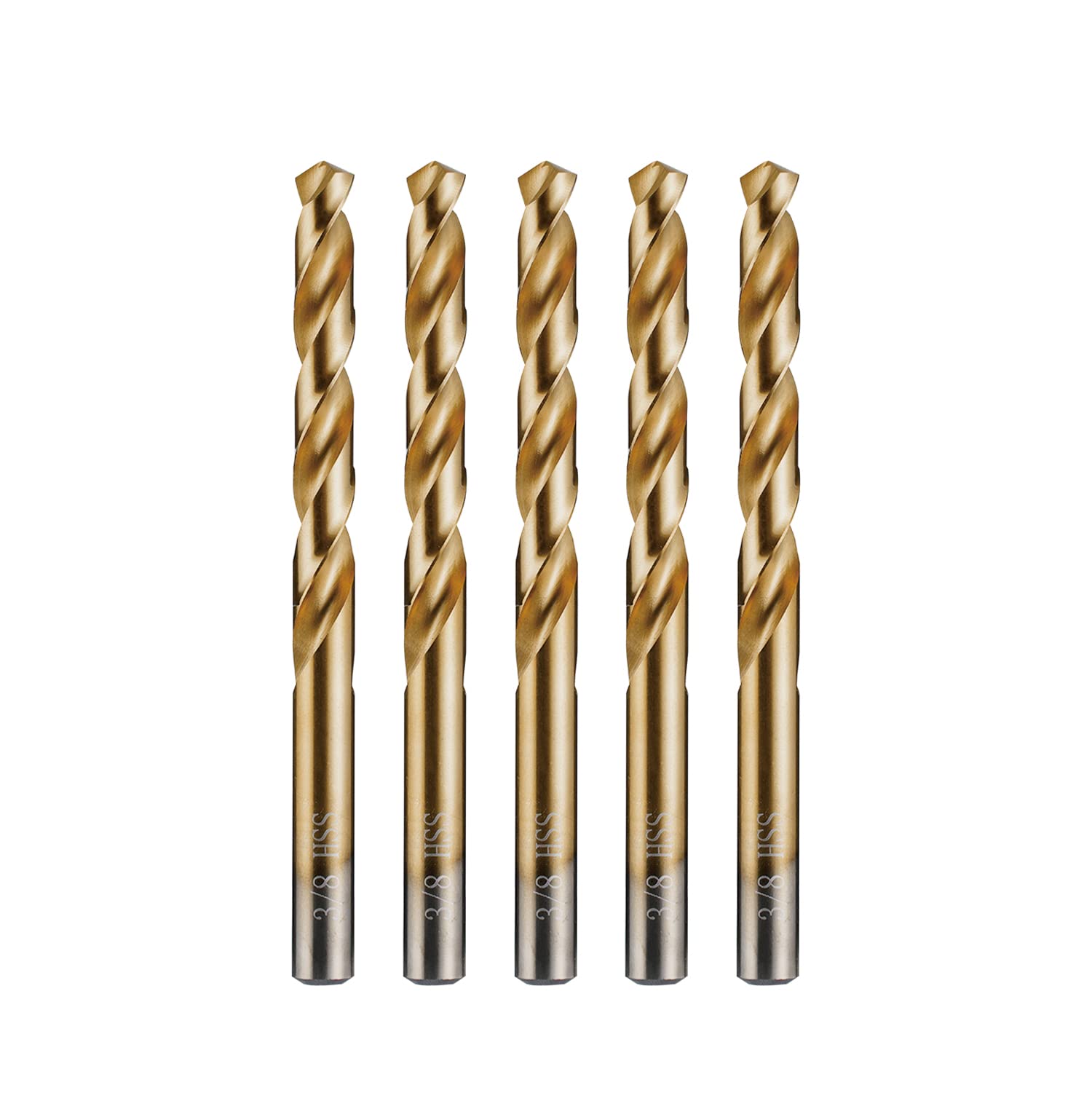 amoolo 3/8" Titanium Drill Bits (5pcs), Premium 4341 HSS Metal Drill Bits for Wood, Metal, Steel, Plastic, Aluminum Alloy