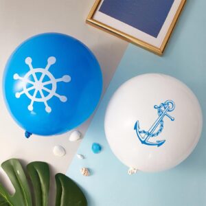 Gejoy 50 Pieces Nautical Print Latex Balloons Set Nautical Party Decorations Nautical Balloons and Silver Ribbons for Navigation Themed Birthday Baby Shower Nautical Party Favor Supplies