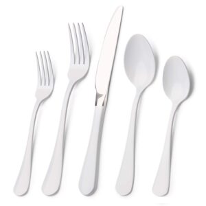 white silverware set, bysta 20-piece stainless steel flatware set, kitchen utensil set service for 4, tableware cutlery set for home and restaurant, knives mirror polish, dishwasher safe