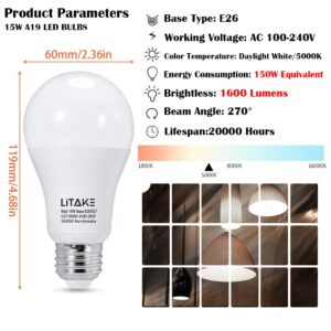 Litake A19 LED Bulbs 150 Watt Equivalent,5000K Daylight LED Light Bulbs,E26 Medium Base, 15W LED Bulbs1600 Lumens for Home Lights, No Flicker, Non-Dimmable, 12 Packs