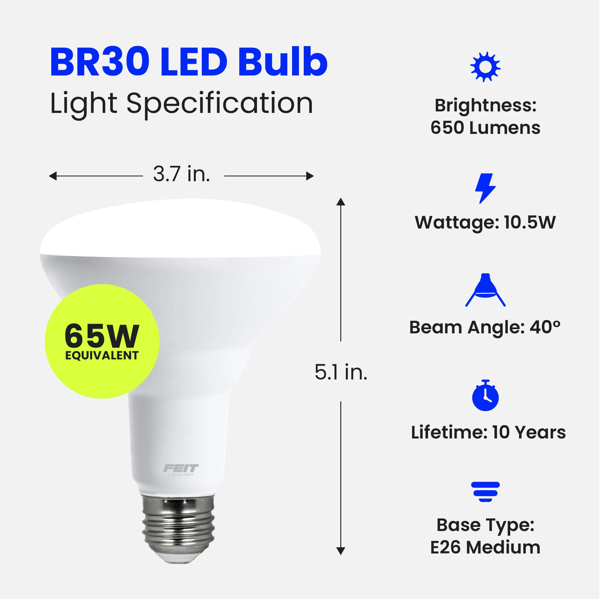 Feit Electric LED BR30 Light Bulbs, 65W Equivalent, Dimmable, 10 Year Life, 650 Lumens, 5000k Daylight, E26 Base Recessed Can Light Bulbs, Flood Light Bulbs, Damp Rated, 6 Pack, BR30DM/850/10KLED/6