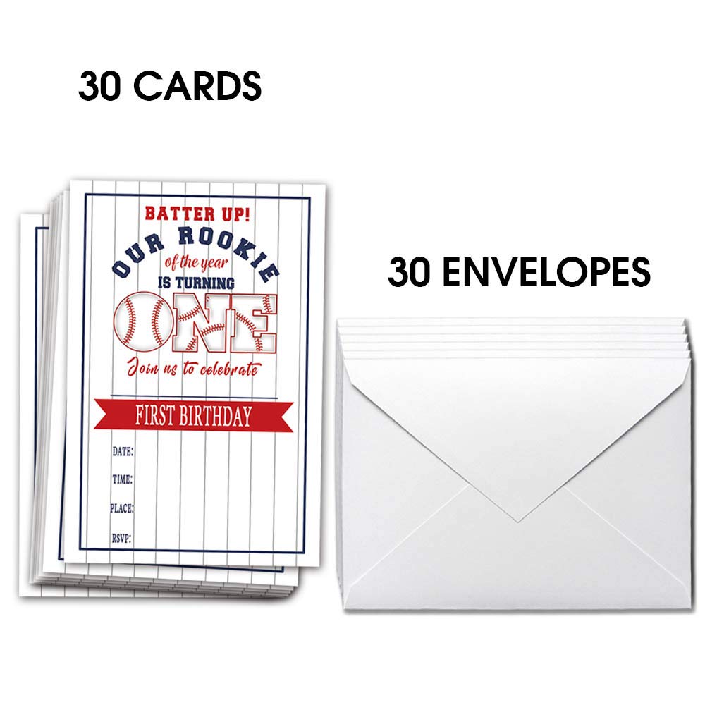 ukebobo 1st Birthday Party Invitations with Envelopes – First Birthday Batter Up Baseball Invitation, Baseball Party Invitations– 30 Cards With Envelopes