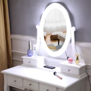 Makeup Vanity Table with Lighted Mirror, Dressing Table Compact Vanity Desk with 5 Large Drawers for Women Girls (White)