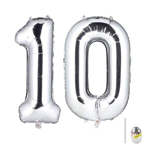 huture 40 inches jumbo digital number balloon huge giant balloon foil mylar balloons for birthday party wedding bridal shower engagement photo shoot anniversary, number 10 silver balloon