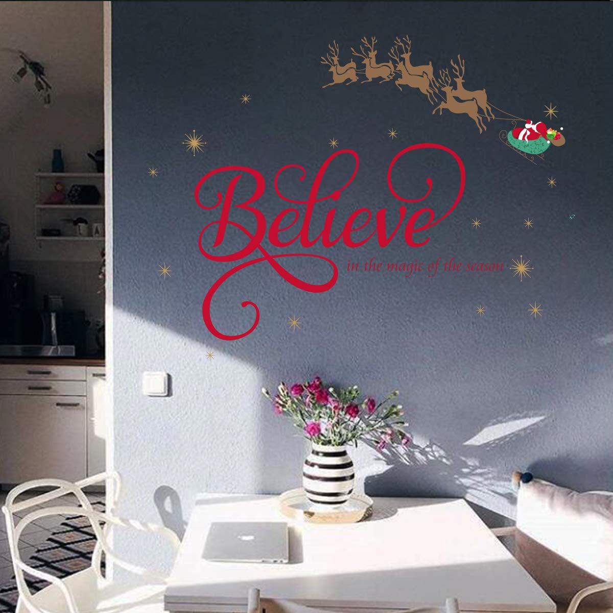 ufengke "Believe Quote Wall Stickers Santa Claus Reindeer Snowfalkes Window Clings Decal for Showcase Home Decor Merry Christmas Decoration