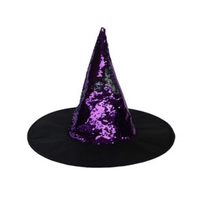 Hooin Halloween Reversible Sequin Witch Hat. Reversible Sequin Costume Party Hat. (Purple & Silver)