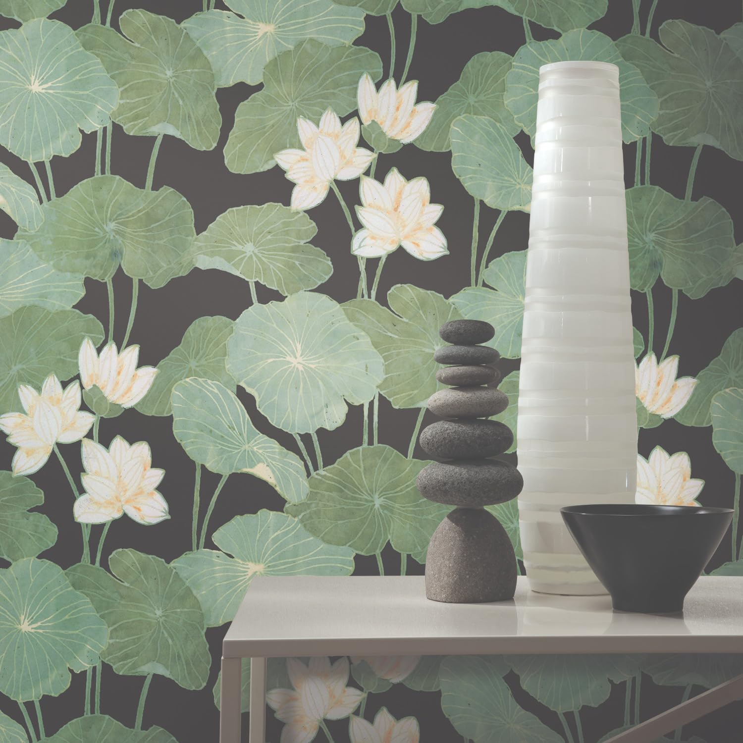 RoomMates RMK11433WP Lily Pad Peel and Stick Wallpaper, Black/Green, Roll